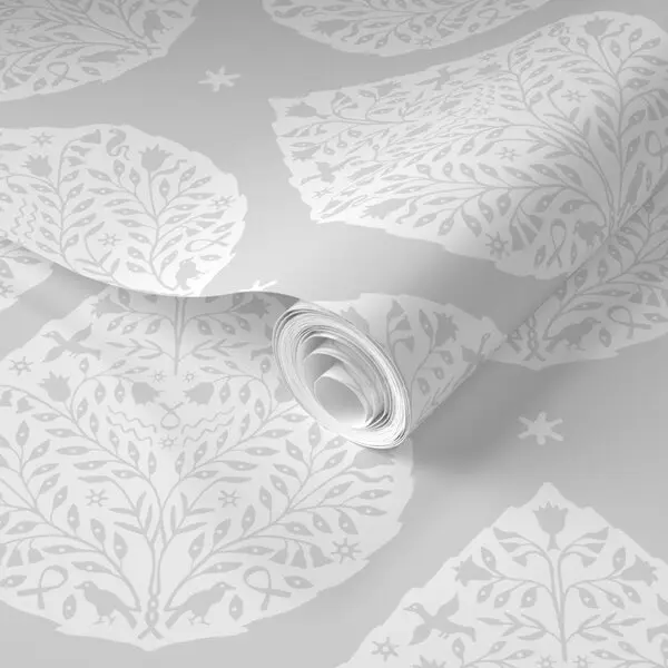 Spoonflower White Cream Grey Paisley Watercolor Egyptian Custom Pre-pasted Wallpaper - Gray,white