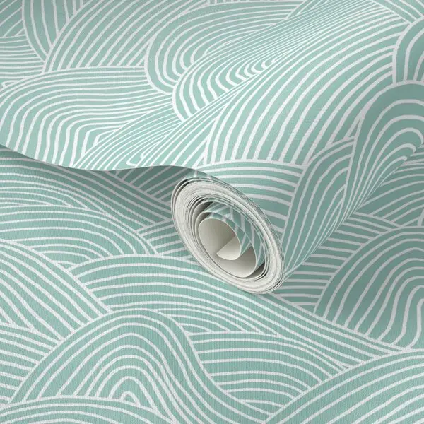 Spoonflower Mint Minimalist Abstract Ocean Waves Custom Removable Wallpaper - Teal,gray,blue