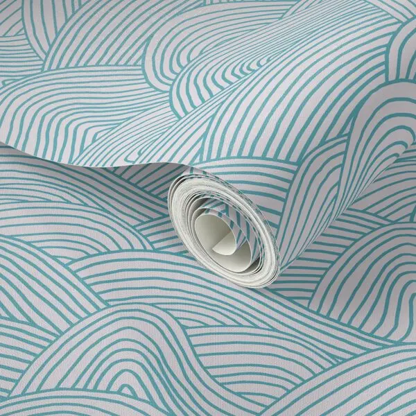 Spoonflower Blue Minimalist Ocean Waves Custom Removable Wallpaper - Blue,green