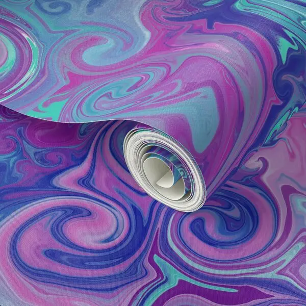 Spoonflower Pink Blue Purple Swirls Abstract Aqua Fluid Custom Removable Wallpaper - Purple,blue