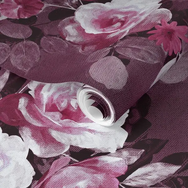 Spoonflower Retro Rose Chintz Monochrome Pink Plum Mauve Traditional Wallpaper - Pink,purple