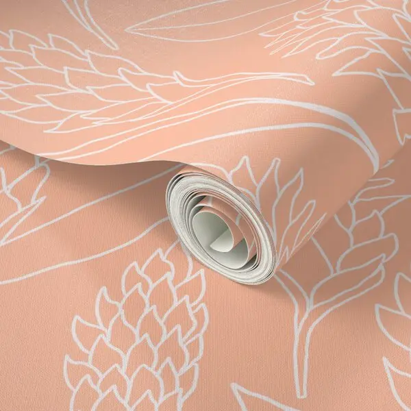 Spoonflower Peach Sketch Outline Tropical Hawaii Ginger Custom Pre-pasted Wallpaper - Pink,brown
