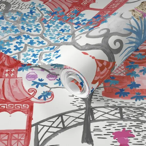 Spoonflower Pink Blue Red Chinoiserie Party Leopards Pagoda Custom Pre-pasted Wallpaper - Gray,blue,pink