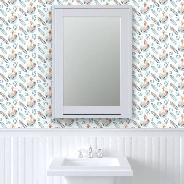 Spoonflower Summer Beach Watercolor Hawaii Ocean Wave Surfing Custom Pre-pasted Wallpaper - Mint,blue,red