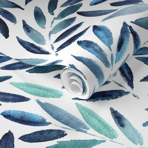 Spoonflower Blue Leaves Forest Woodland Leaf Custom Removable Wallpaper - Blue,gray