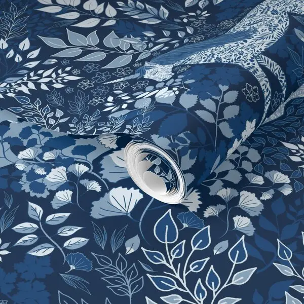 Spoonflower Unicorns Woods Medium Scale Unicorn Forest Plants 100% Natural Sisal Grasscloth Wallcovering - Blue