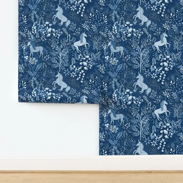 Spoonflower Unicorns Woods Medium Scale Unicorn Forest Plants 100% Natural Sisal Grasscloth Wallcovering