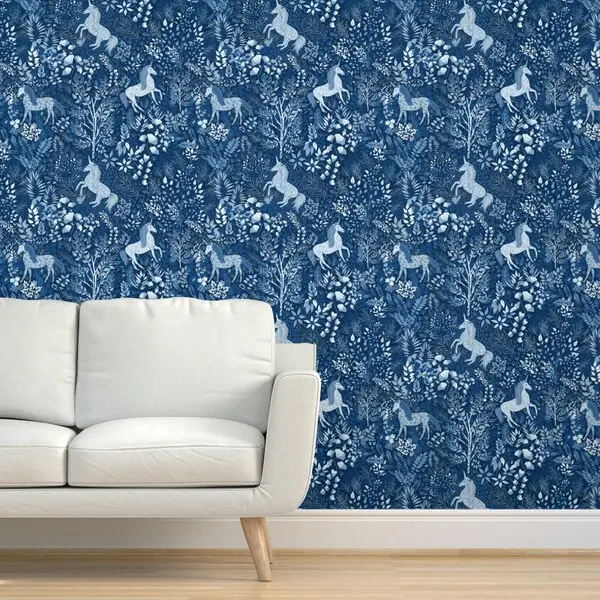 Spoonflower Unicorns Woods Medium Scale Unicorn Forest Plants 100% Natural Sisal Grasscloth Wallcovering