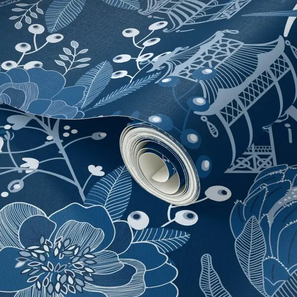 Spoonflower Blue Willow Pagoda Japan Chinoiserie Japanese Custom Removable Wallpaper - Blue,white