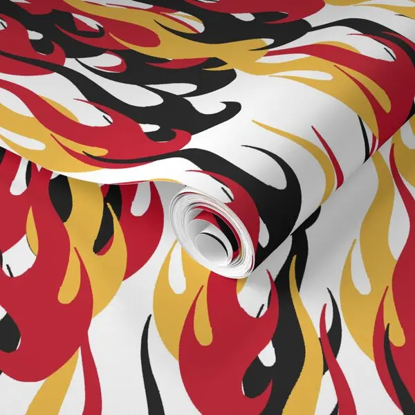 Spoonflower Black White Red Gold Fire Sports Hockey Custom Pre-pasted Wallpaper - Gray,brown,yellow