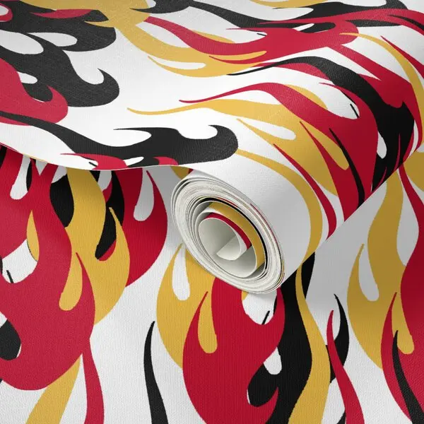 Spoonflower Black White Red Gold Fire Sports Hockey Custom Pre-pasted Wallpaper - Gray,brown,yellow