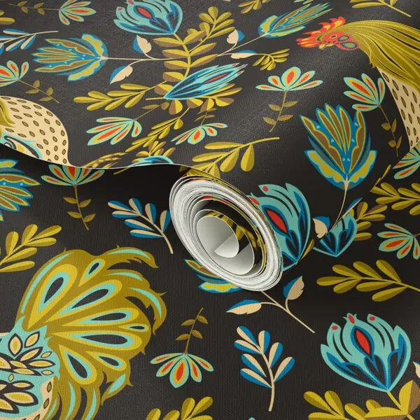 Spoonflower Black Flowers Red Gold Rooster Farm Custom Pre-pasted Wallpaper - Yellow,gray,green