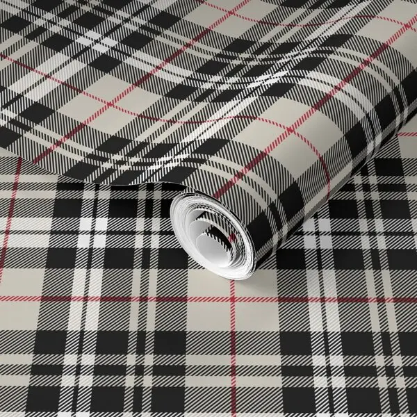 Spoonflower Black Plaid Tan Beige Tartan Red Stripe Custom Pre-pasted Wallpaper - Gray,white,brown