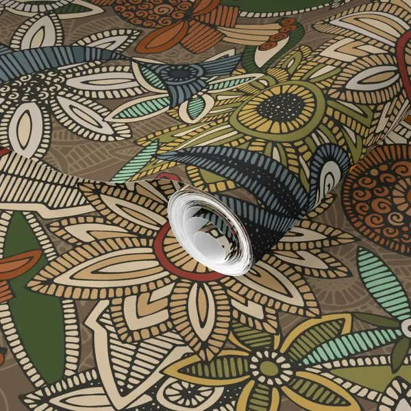 Spoonflower Birds Bird Flowers Floral Brown Nature Custom Removable Wallpaper - Brown,beige,green