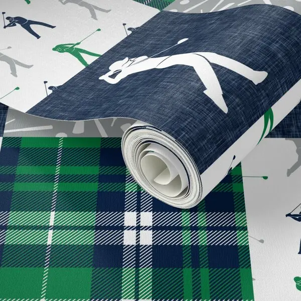 Spoonflower Golf Wholecloth Green Navy Plaid Sports Golfing Custom Pre-pasted Wallpaper - Green,blue,teal