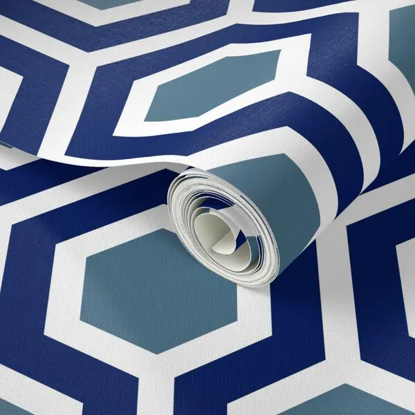 Spoonflower Geometric Blue And White Honeycomb Hexagon Custom Removable Wallpaper - Blue,white,gray