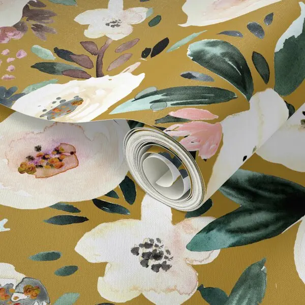 Spoonflower Mustard Vintage Watercolor White Floral Flowers Custom Pre-pasted Wallpaper - Yellow,white,brown