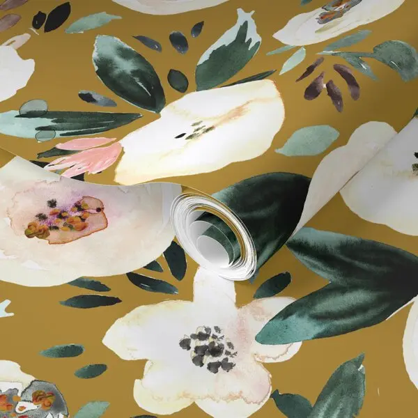Spoonflower Mustard Vintage Watercolor White Floral Flowers 100% Natural Sisal Grasscloth Wallcovering - Yellow,white,brown