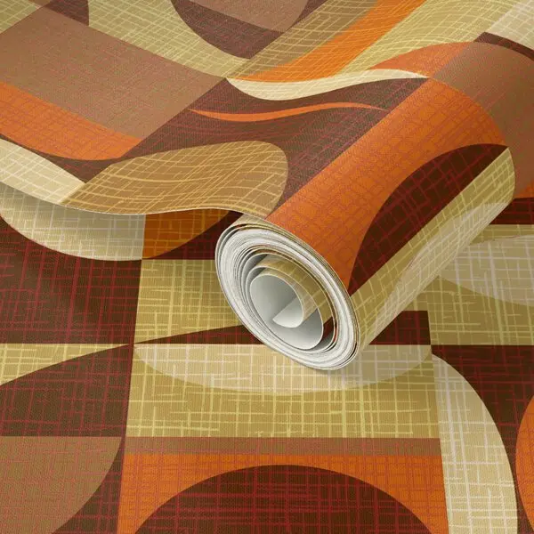 Spoonflower Orange Gold Geometric Abstract 70s 60s Texture Custom Pre-pasted Wallpaper - Brown,yellow