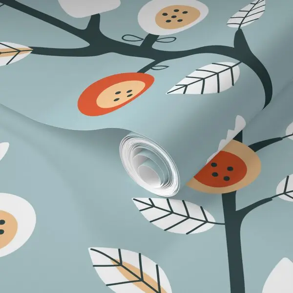 Spoonflower Flowers Floral Nature Branches Modern Garden Custom Removable Wallpaper - Blue,gray