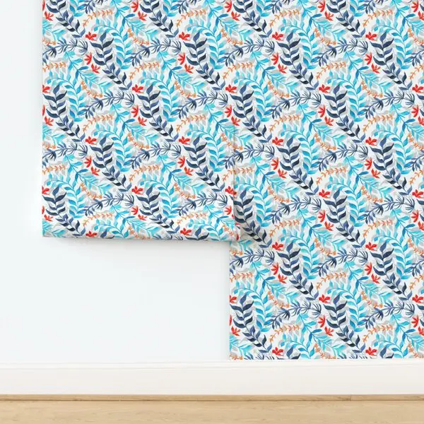Spoonflower Hand Painted Fun Whimsical Painting Watercolor Custom Pre-pasted Wallpaper - Blue