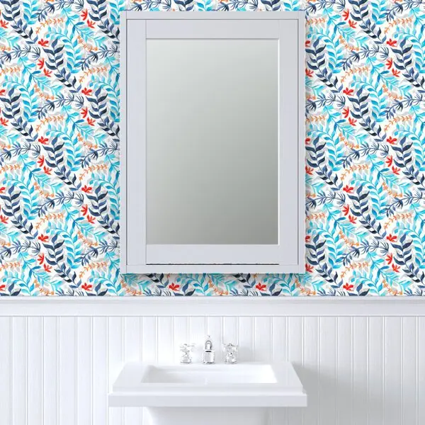 Spoonflower Hand Painted Fun Whimsical Painting Watercolor Custom Pre-pasted Wallpaper - Blue