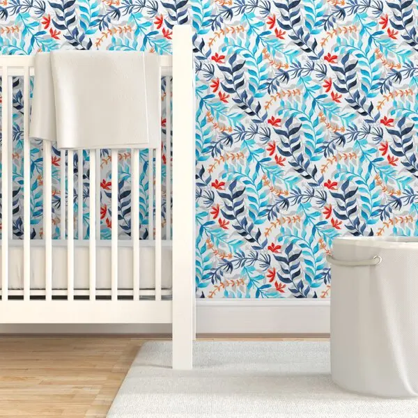 Spoonflower Hand Painted Fun Whimsical Painting Watercolor Custom Pre-pasted Wallpaper - Blue