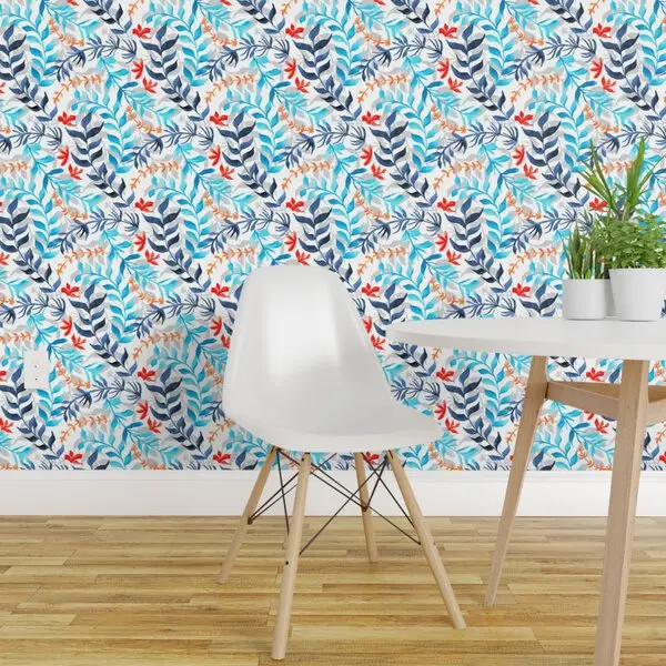 Spoonflower Hand Painted Fun Whimsical Painting Watercolor Custom Pre-pasted Wallpaper - Blue