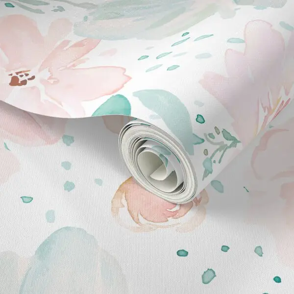 Spoonflower Soft Pastel Floral Flowers Feminine Watercolor Custom Removable Wallpaper - Pink,blue,white