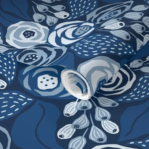Spoonflower Classic Blue Roses Floral Nature Modern Abstract Custom Pre-pasted Wallpaper - Blue,white,black
