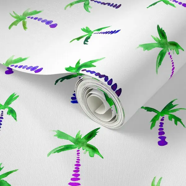 Spoonflower Green Nature Purple Palm Summer Beach Custom Pre-pasted Wallpaper - Green,purple