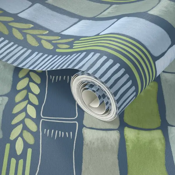 Spoonflower Green Blue Nature Japan Japanese Stripes Custom Removable Wallpaper - Gray,blue