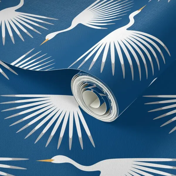 Spoonflower Birds Art Deco Traditional And White Cranes Custom Pre-pasted Wallpaper - Blue