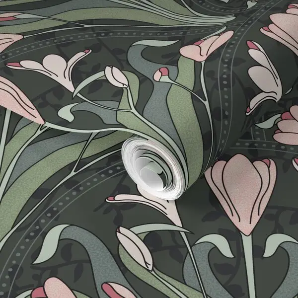 Spoonflower Art Nouveau Floral Flora Flowers Victorian Custom Removable Wallpaper - Green,pink,gray