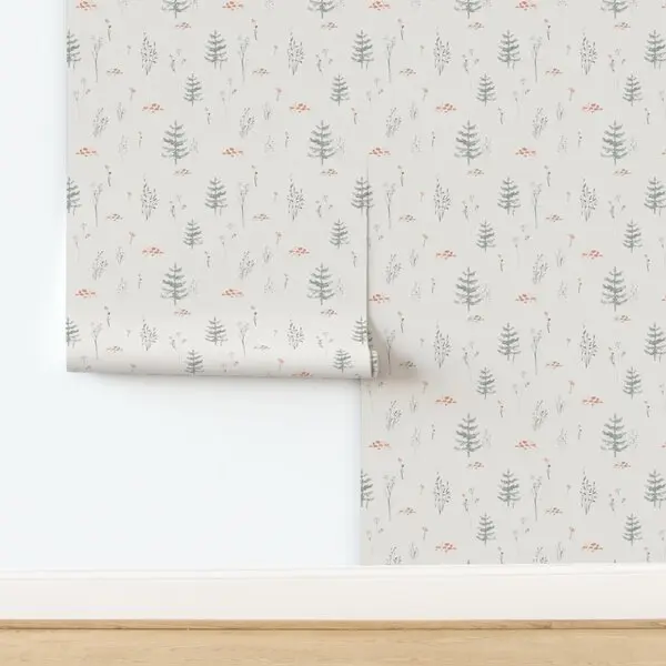 Spoonflower Scandinavian Woodland Cream Custom Pre-pasted Wallpaper - White,gray