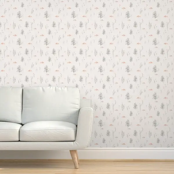 Spoonflower Scandinavian Woodland Cream Custom Pre-pasted Wallpaper - White,gray