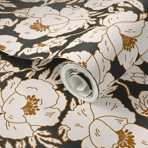 Spoonflower Poppy Dark Flower White Floral Modern Garden Custom Pre-pasted Wallpaper - Beige,black,gray