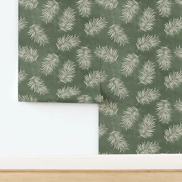 Spoonflower Bone Palm Fronds On Custom Pre-pasted Wallpaper - Green