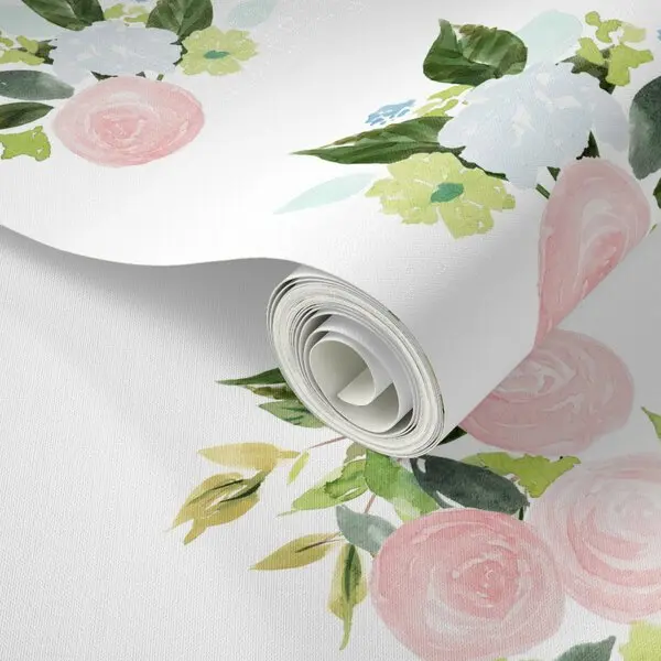 Spoonflower Pink Flowers Floral Tea Mouse Spring Garden Custom Pre-pasted Wallpaper - Gray,green,sage