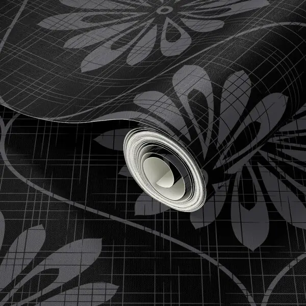 Spoonflower Flower Texture Black Floral Retro Big 60s Mod Custom Pre-pasted Wallpaper - Black,gray