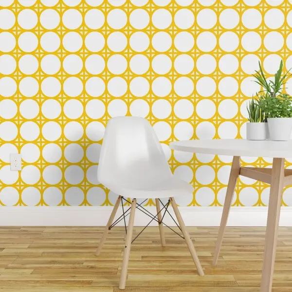 Spoonflower Circles Geometric Grid Caning Retro Pattern Yellow Custom Pre-pasted Wallpaper