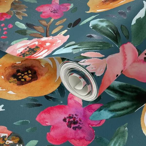 Spoonflower Blue Bright Pink Vintage Floral Gold Autumn Traditional Wallpaper - Blue,pink,teal