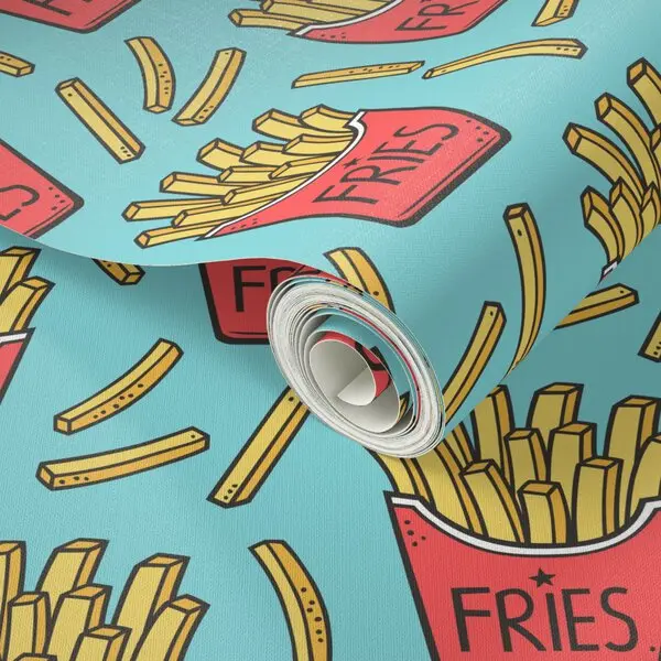 Spoonflower French Fries Food Red Blue Junk Dinner Pop Art Custom Removable Wallpaper - Blue,coral,brown