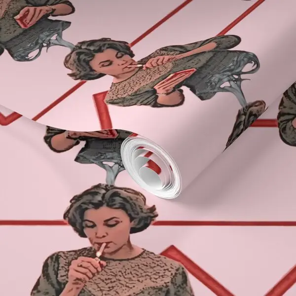 Spoonflower Pinup Audrey Smoking Twin Peaks Cigarette 90s Custom Pre-pasted Wallpaper - Brown,pink,red