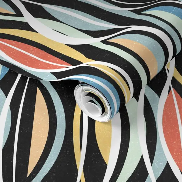 Spoonflower Black Vintage Blue Yellow Red Retro Custom Pre-pasted Wallpaper - Gray,black,brown