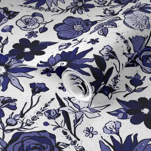 Spoonflower Old Fashioned Vintage Retro Garden Floral Violet Traditional Wallpaper - Gray,blue,purple