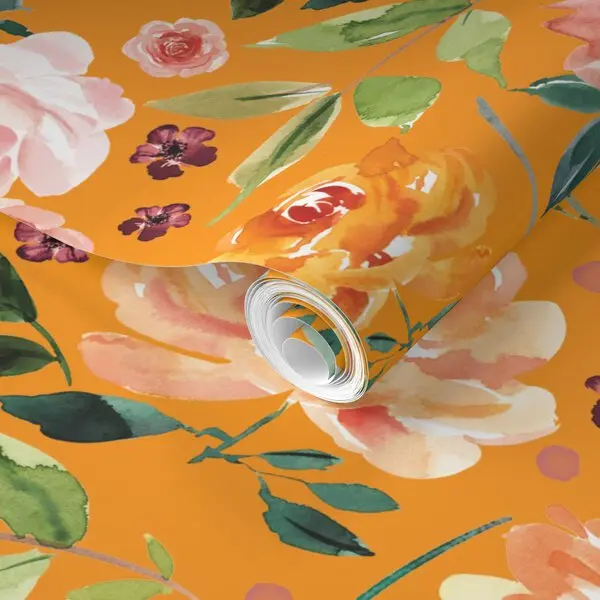Spoonflower Pink Floral Watercolor Orange Maroon Paprika Custom Removable Wallpaper - Orange,pink,green