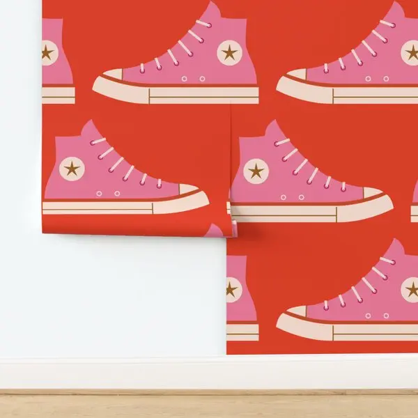 Spoonflower Star Shoes Pre-pasted Removable Wallpaper - Pink