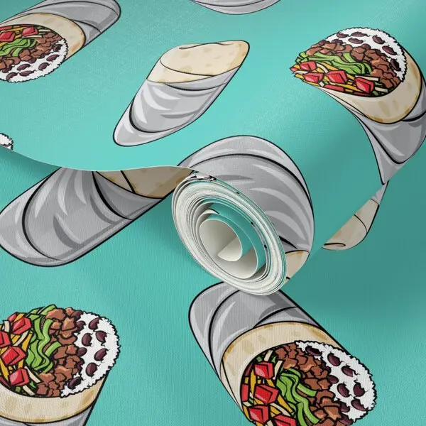 Spoonflower Food Mexican Junk Foodie Tortilla Burrito Custom Pre-pasted Wallpaper - Turquoise,white,brown
