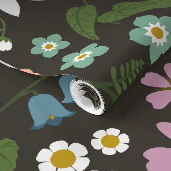 Spoonflower Black Vintage Flowers Floral Retro Custom Removable Wallpaper - Pink,gray,brown